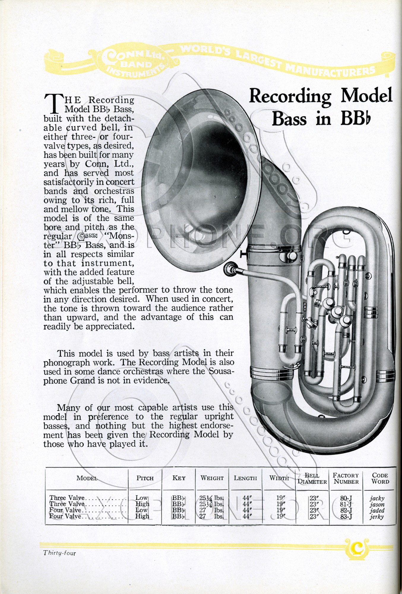 Conn, 80J, BB flat tuba, 3 piston, 1927, catalog cut | V & E Simonetti ...